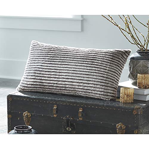 Signature Design by Ashley Metea Faux Fur Lumbar Throw Pillow, 14 x 26 Inches , Light Gray