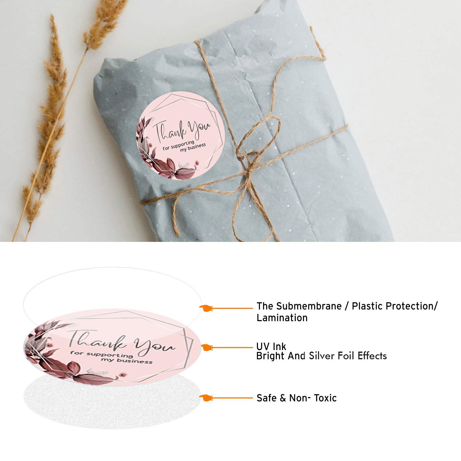 easykart labels 600 Business Thank You Stickers in roll | Baby Pink Flower Bunch Design with Silver Foil | Highly Recommended for Small Business Owners