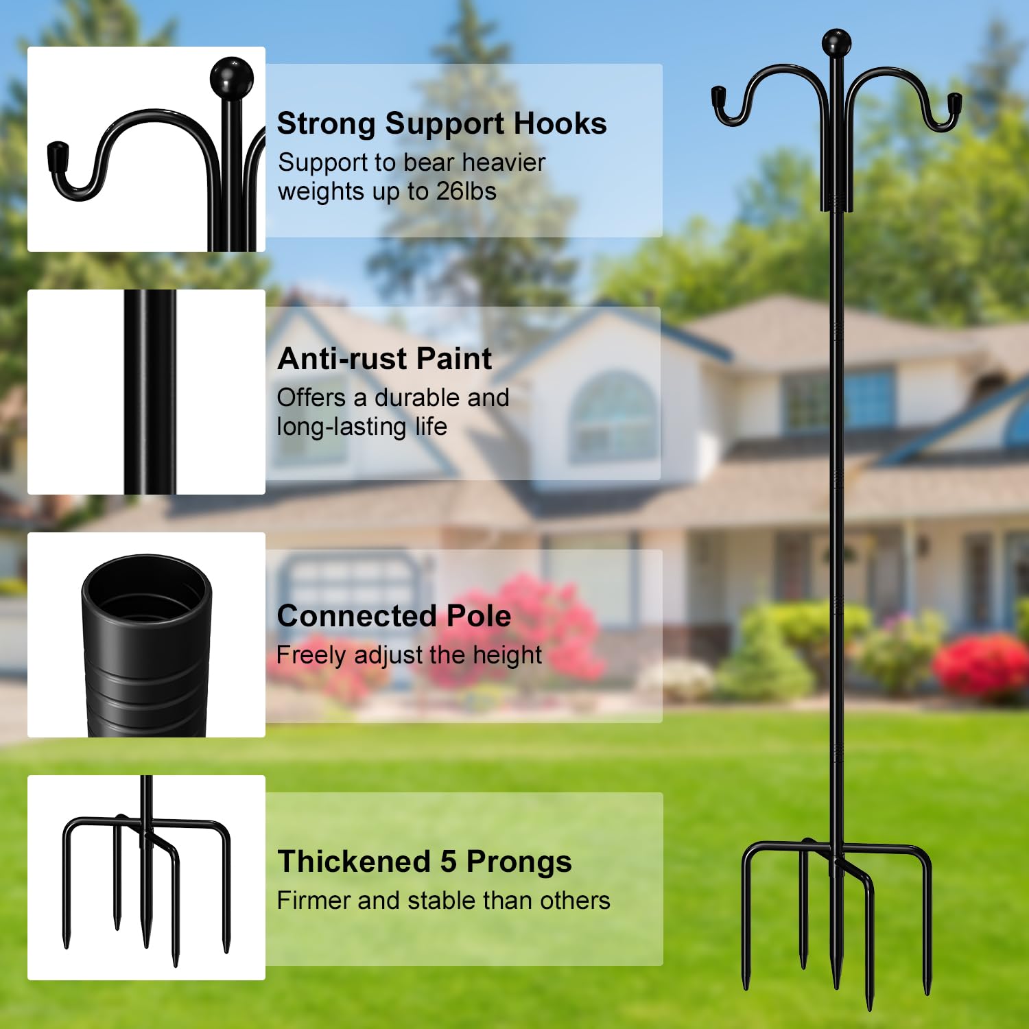 Keten Shepherds Hooks for Outdoor, Thickened Bird Feeder Poles with 5 Prongs for Hanging Plant Baskets, Lanterns, Wedding Decor (2 Pack,76inch)