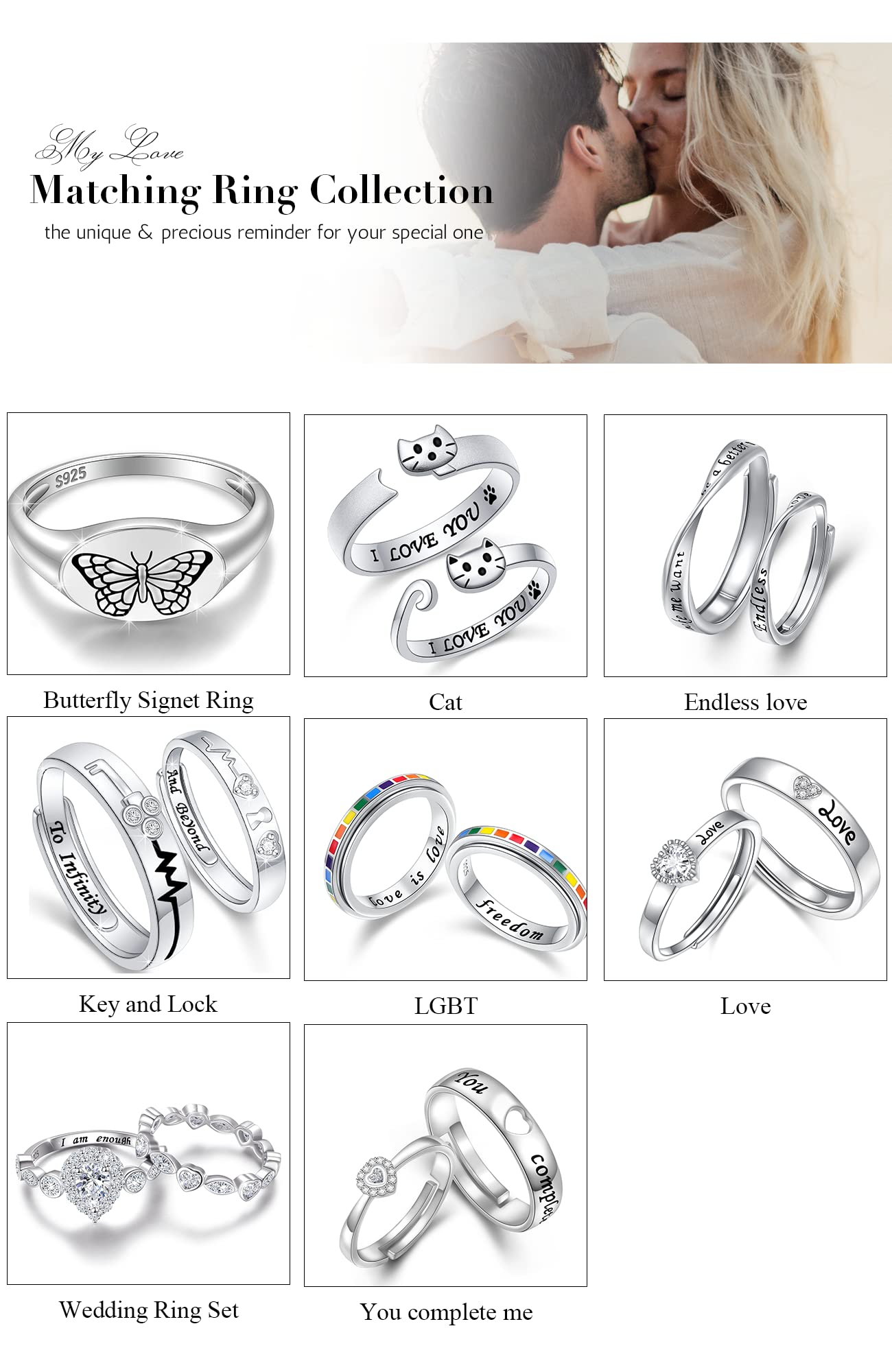 Heart Promise Rings for Couples I Love You 2PCS 925 Sterling Silver Adjustable Matching Rings for Couples His and Her Wedding Rings Set