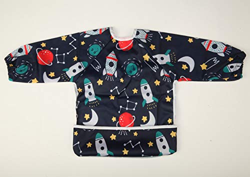 Sigzagor Baby Bib Sleeved Shirt with Pocket 1-3 Years Old Toddler Painting Drawing (Rocket)