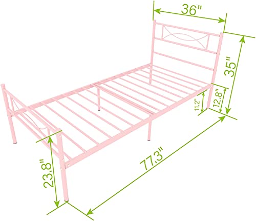 Pink Twin Bed Frame for Girls, Bed Mattress Foundation Support with Headboard and Footboard No Box Spring Need Metal Platform Bed