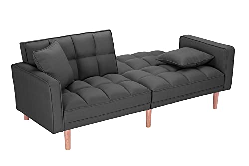 POCIYIHOME Futon Sleeper Sofa Adjustable Back and 2 Pillows, Upholstered Indoor Chaise with Conical Wood Legs, 2-Seater Recliner for Living, Bedroom,Office,Waiting Room, Polyester, Dark Gray