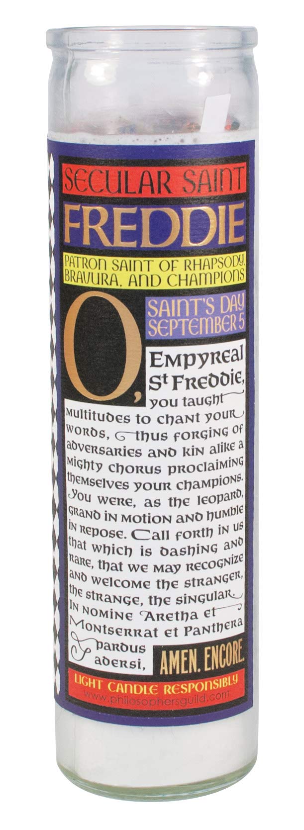 The Unemployed Philosophers Guild Freddie Mercury Secular Saint Candle - 8.5 Inch Tall Glass Prayer Votive, Made in The USA with Vegetarian Wax