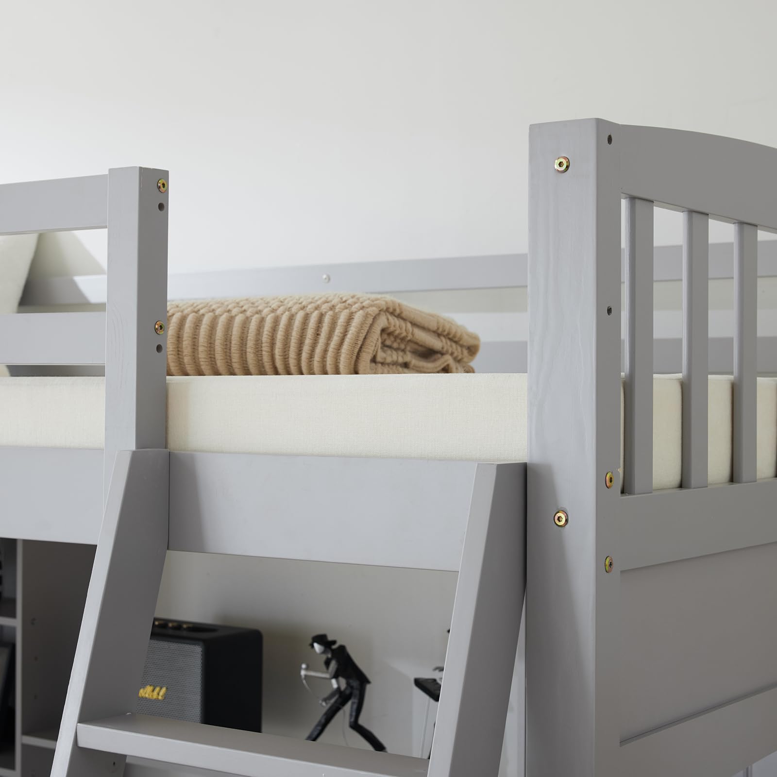 Karl home Loft Bed Twin Size, Wood Bed Frame with Safety Guardrails and Inclined Ladders, Bunk Bed with Desk and Shelves, Grey