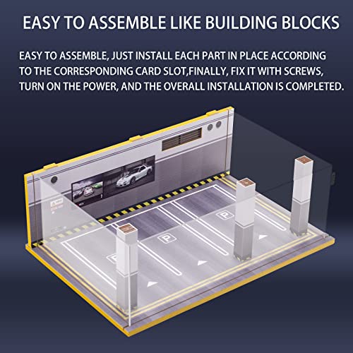 Sikivot 1/24 Scale Car Display Case,Car Model Toy with Parking Lot Scene, Die-cast Car Garage Display Case,2 Parking Space Acrylic Toy Garage with LED Light