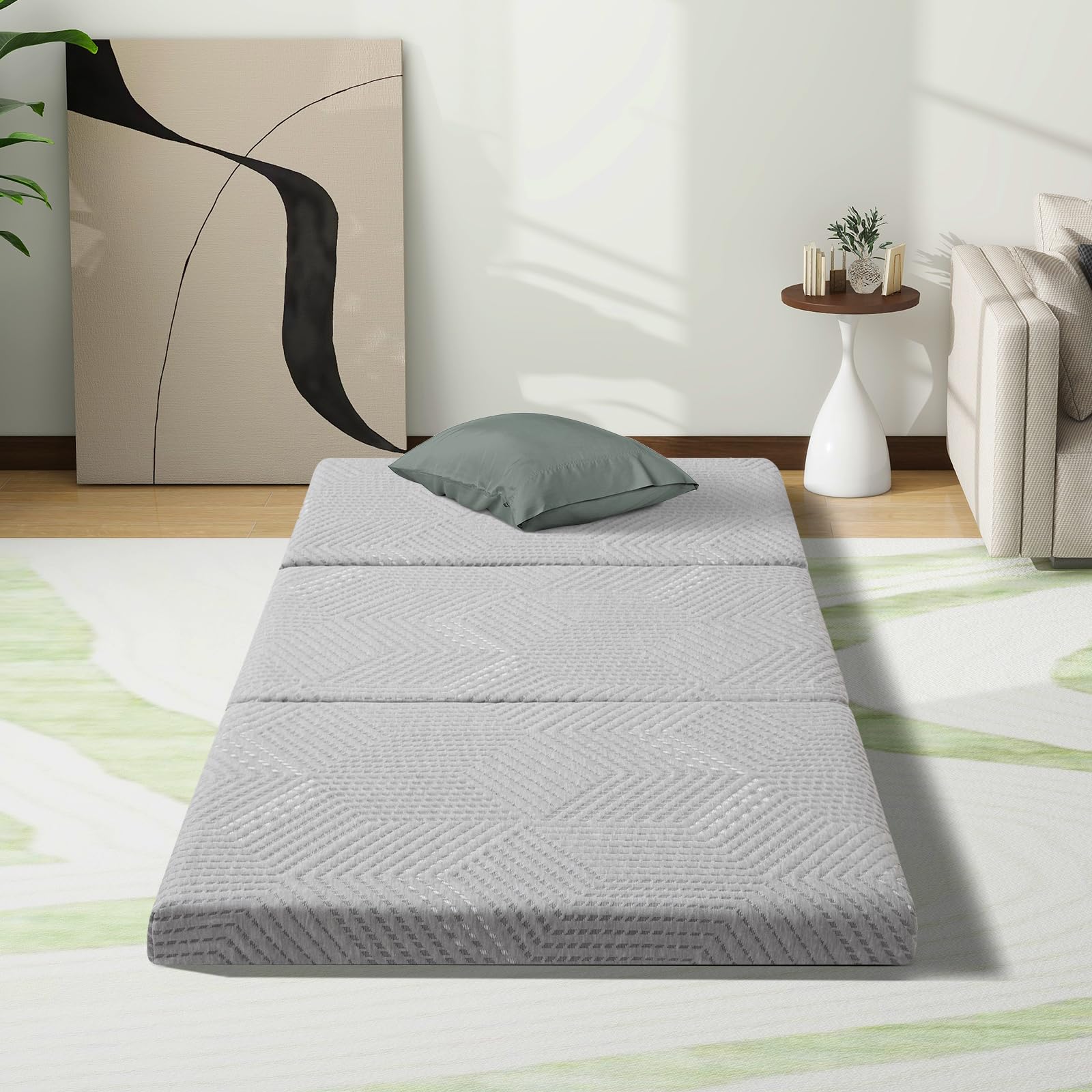 MUUEGM 4 Inch Foldable Mattress Trifold Mattress Folding Bed,Memory Foam Floor Sleeping Mattress,Portable Trifold Toddler Bed Mattress King Knitted Grey