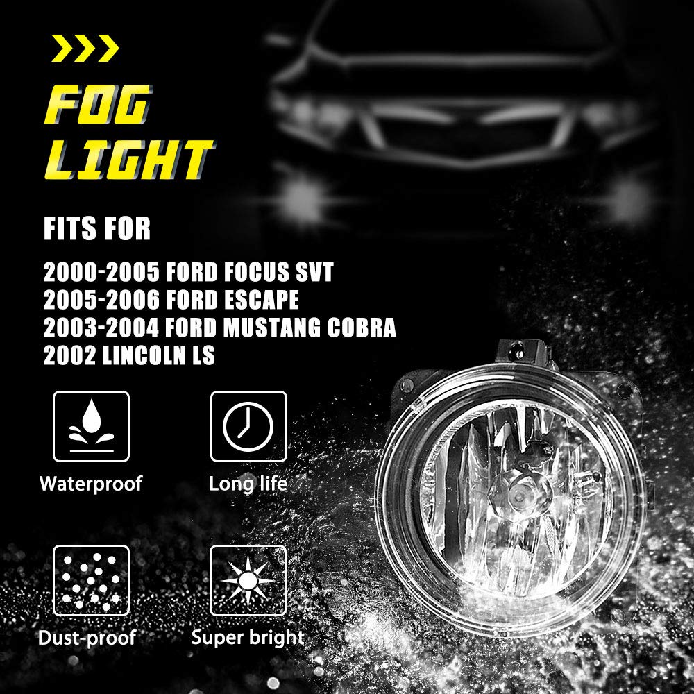 Fog Lights for 2000-2005 Ford Focus 2005-2006 Ford Escape 2003-2004 Ford Mustang (Cobra Model Only) 2000 Lincoln LS Clear Lens Fog Lamps with H10 12V 42W Halogen Bulbs