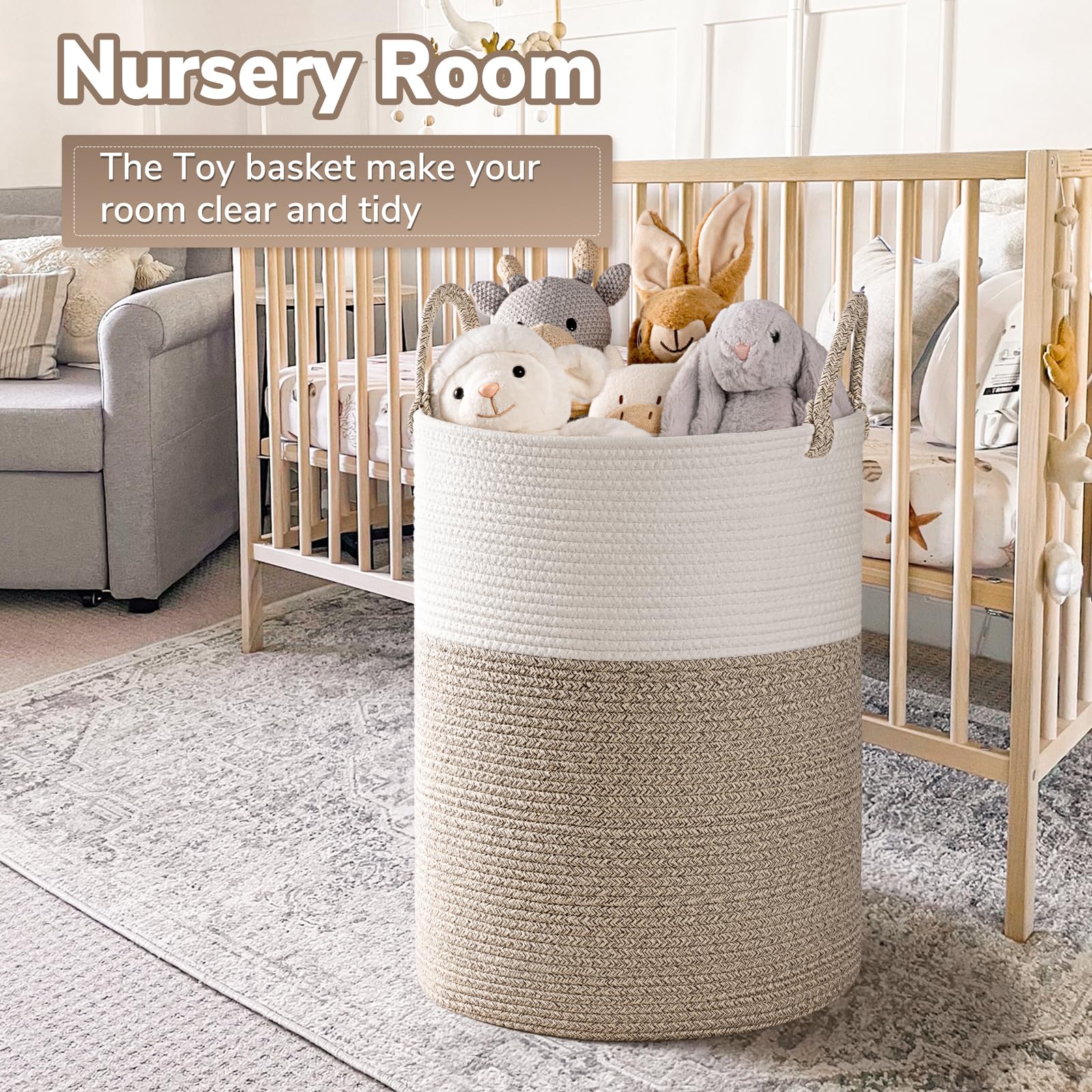 INDRESSME Large Laundry Hamper, Baby Laundry Hamper for Toys, Tall Woven Laundry Basket for Clothes, Blanket Storage Basket for Living Room, 19.7 x 13.8 inches, Light & Brown