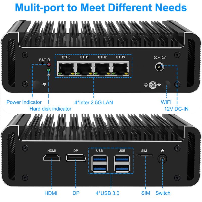 Kikusenko New Firewall Micro Appliance, Fanless Mini PC Celeron J4125, 4 Port i226-V 2.5Gbe LAN, Barebone Gigabit Ethernet AES-NI VPN Router Openwrt, 4 GB RAM 64 GB SSD