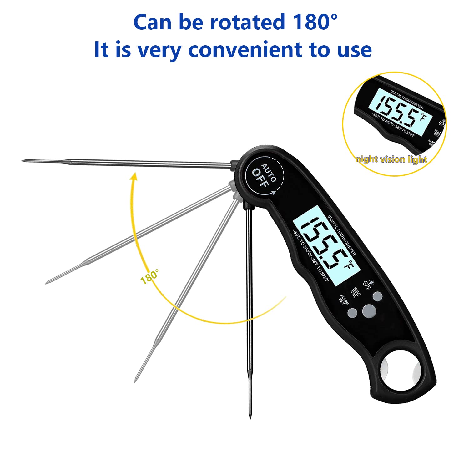 Geobom Waterproof Digital Instant Read Meat Food Thermometer with Folding Probe Backlight Calibration Function for Cooking and Grilling (Black)
