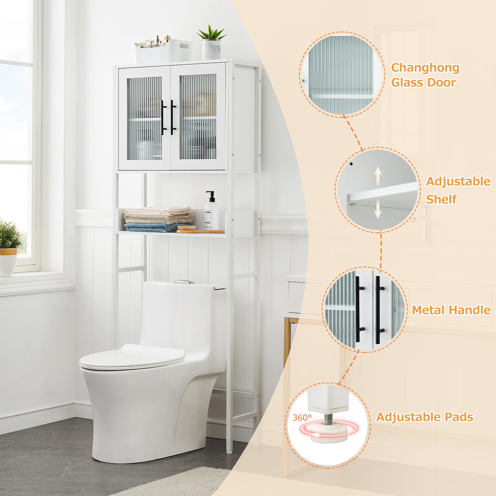 IDEALHOUSE Over The Toilet Storage Cabinet, Bathroom Storage Cabinet Organizer with Doors and Adjustable Shelf, Freestanding Bathroom Storage Rack, White