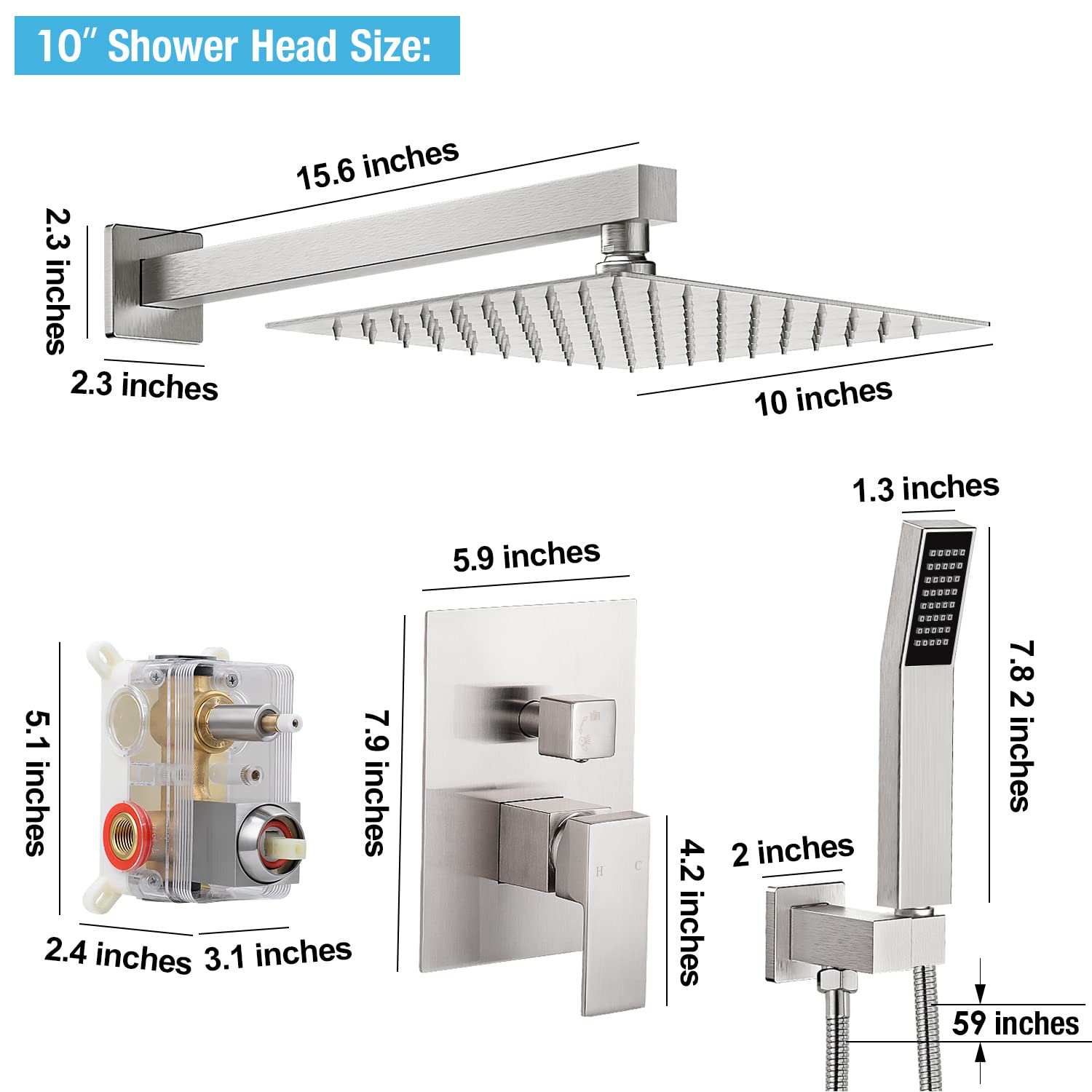 HGN 10 Inches Bathroom Rain Shower Combo Set Wall Mounted Rainfall Brushed Nickel Shower Head System Rough-in Valve Body and Trim Included