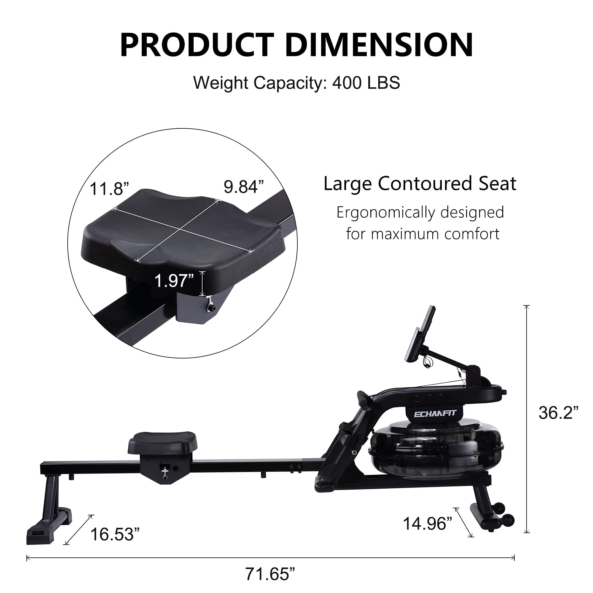ECHANFIT Water Rowing Machine Rower 400 LB Weight Capacity with 6 Levels Resistance for Home Use – R49 Max