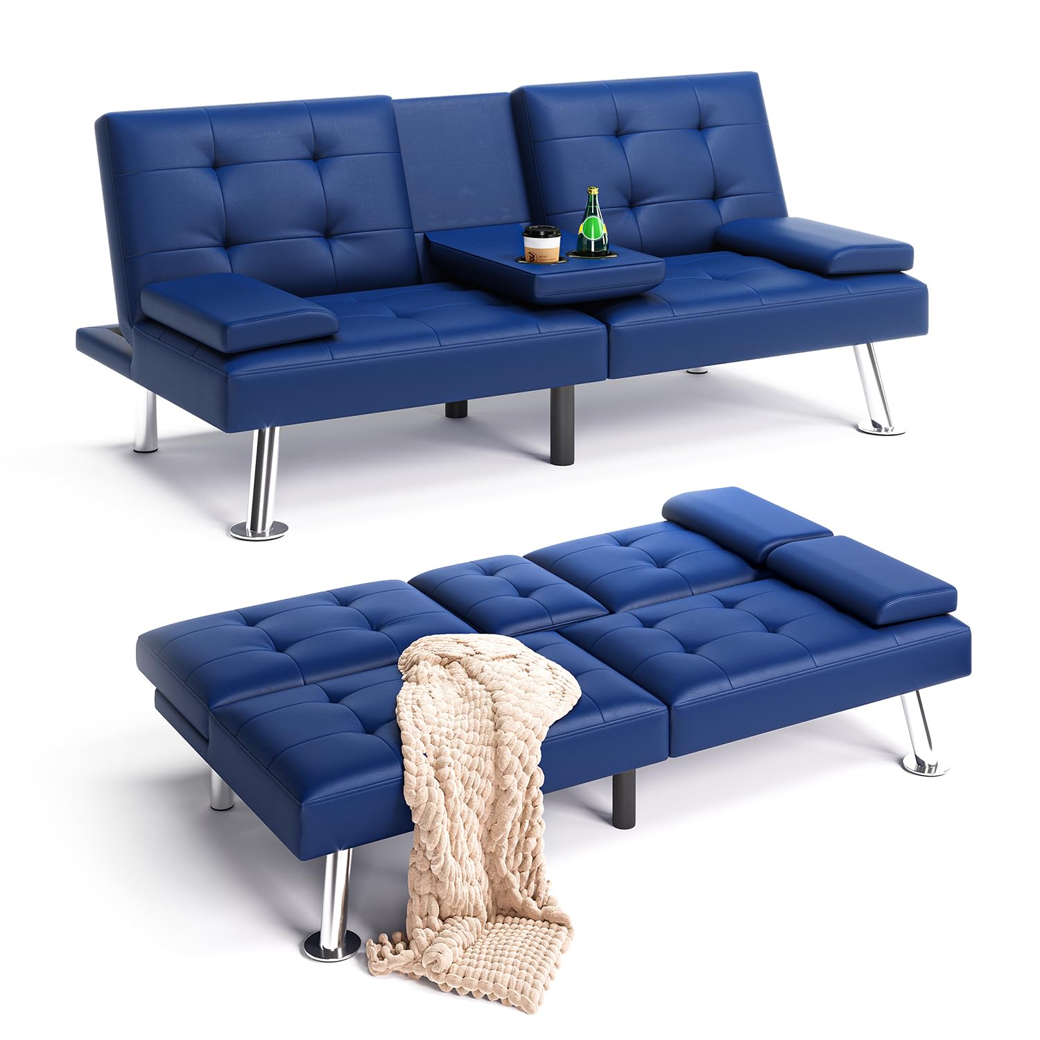 LINSY Futon Sofa Bed, Faux Leather Sleeper Sofa with Mattress and Frame, Convertible Futon Couch for Living Room, Blue