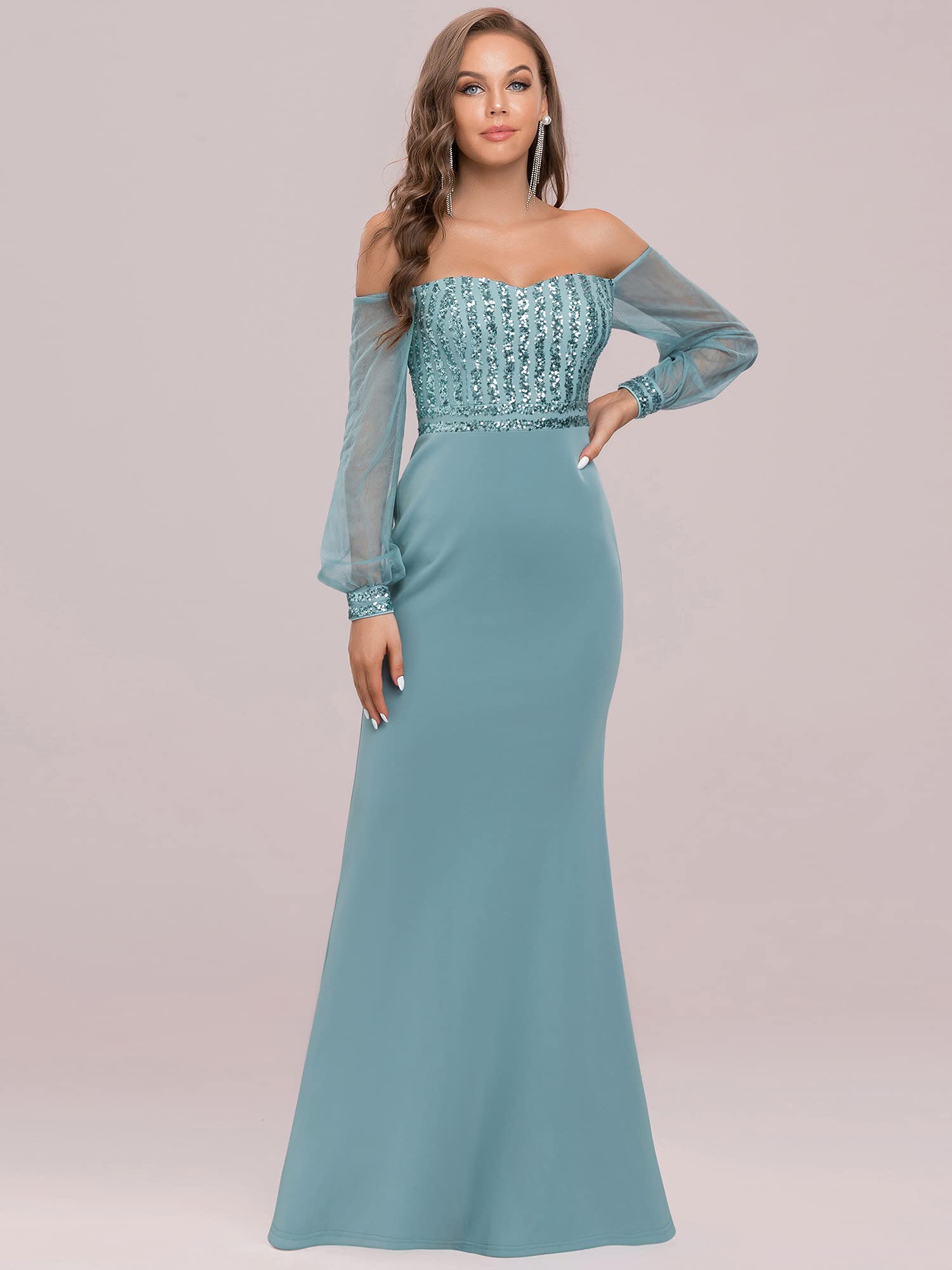 Ever-Pretty Women's See-Through Sequin Dress Mermaid Evening Dress with Sleeve Blue US20