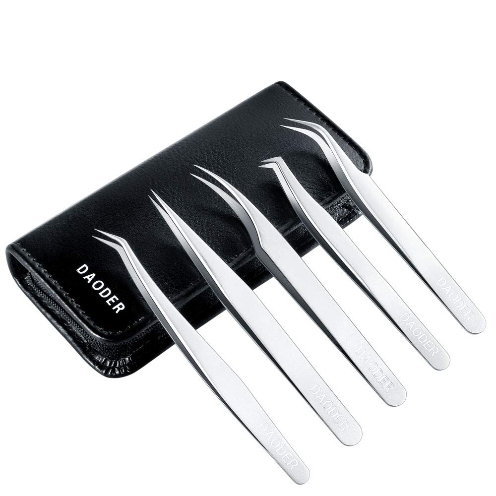 DAODER 5pcs Lash Eyelash Extension Tweezers Straight & Curved Bent Point Tip Precision Tweezers Set Tool for Lash Extension Application and Crafts with PU Storage Case