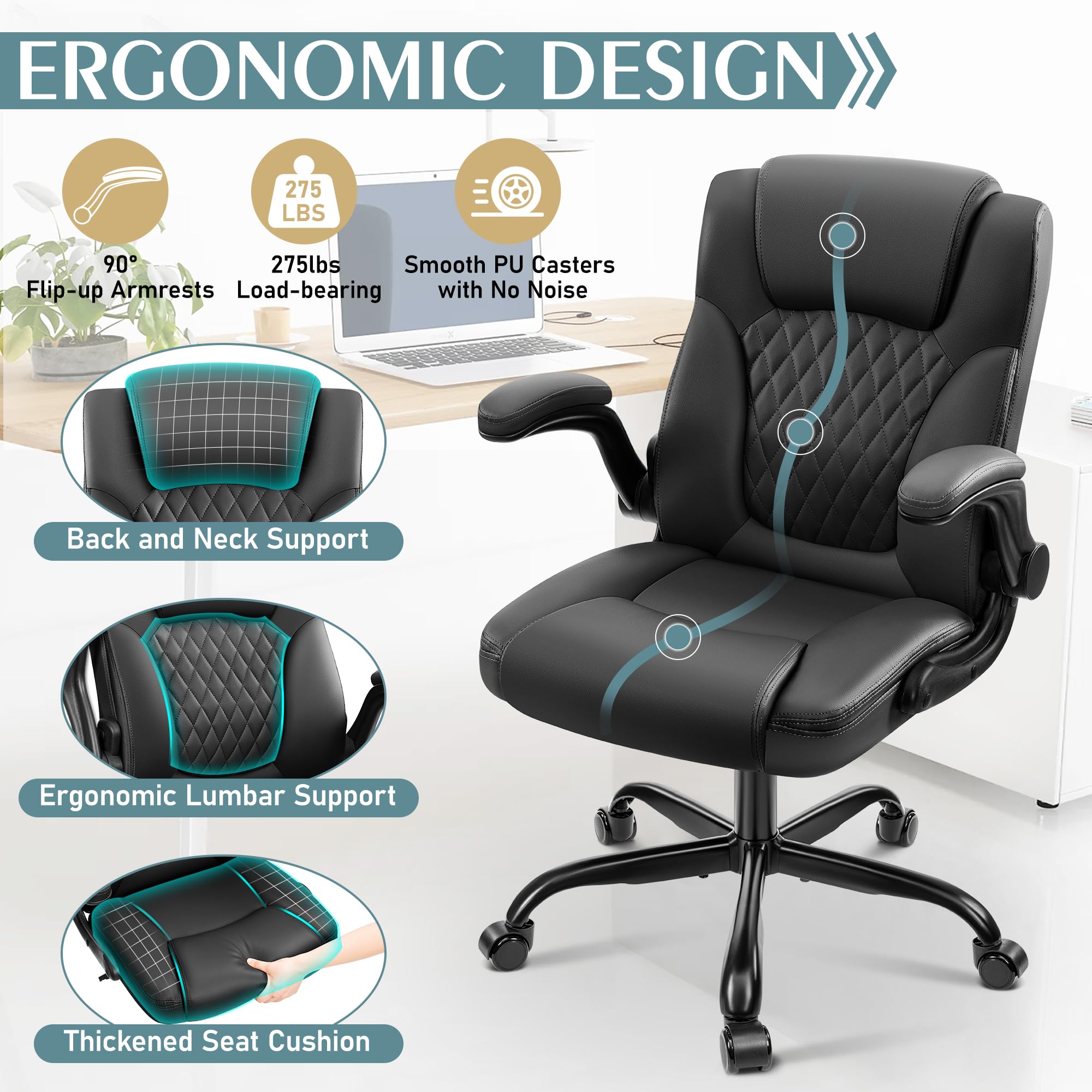 Leather Office Chair, PU Home Computer Desk Chairs with Ergonomic Back Support, 360°Swivel Free,Small Gmaing Chair with Wheels and Adjustable Armrests, for Short People Use, Black