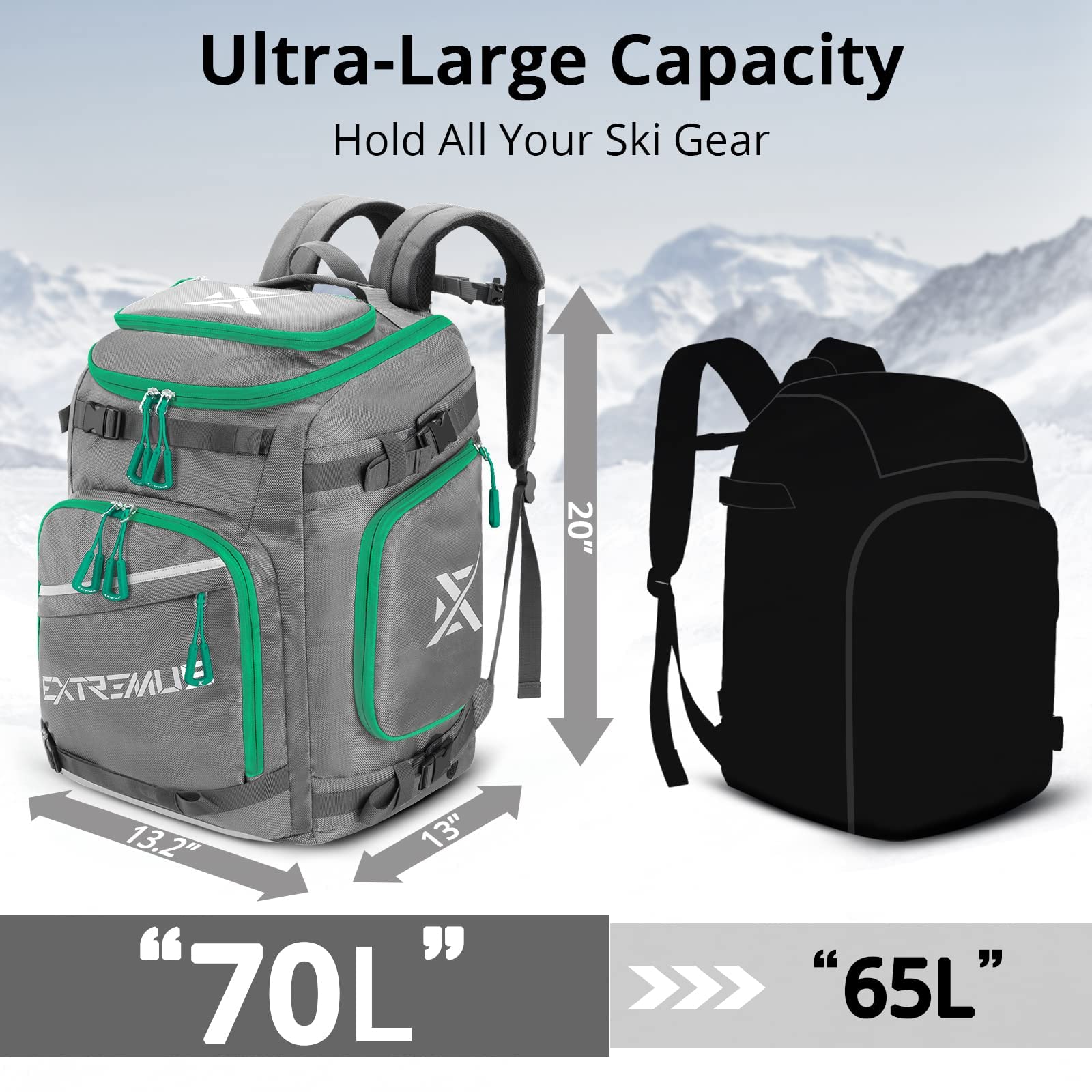 Extremus Ski Boot Bag, 70L Waterproof Snowboard Backpack,Large Capacity Ski Travel Bag Luggage for Ski Boots, Ski Helmet, Goggles, Gloves, Apparel & Skiing Gear Accessories