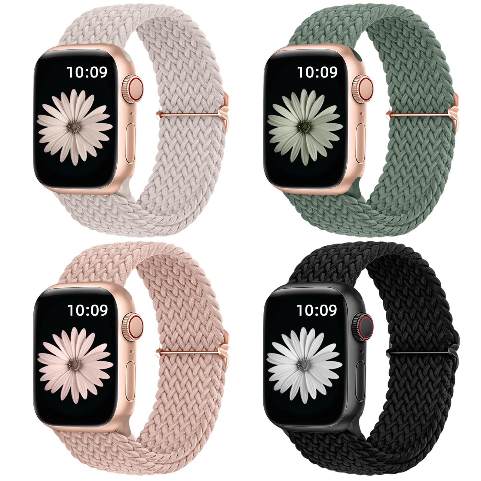 DaQin 4 Pack Braided Solo Loop Compatible with Apple Watch Band 38mm 40mm 41mm Women Men, Adjustable Stretchy Band Elastic Nylon Sport Wristbands for iWatch Series 9 8 7 6 5 4 3 2 1 SE Ultra/Ultra 2