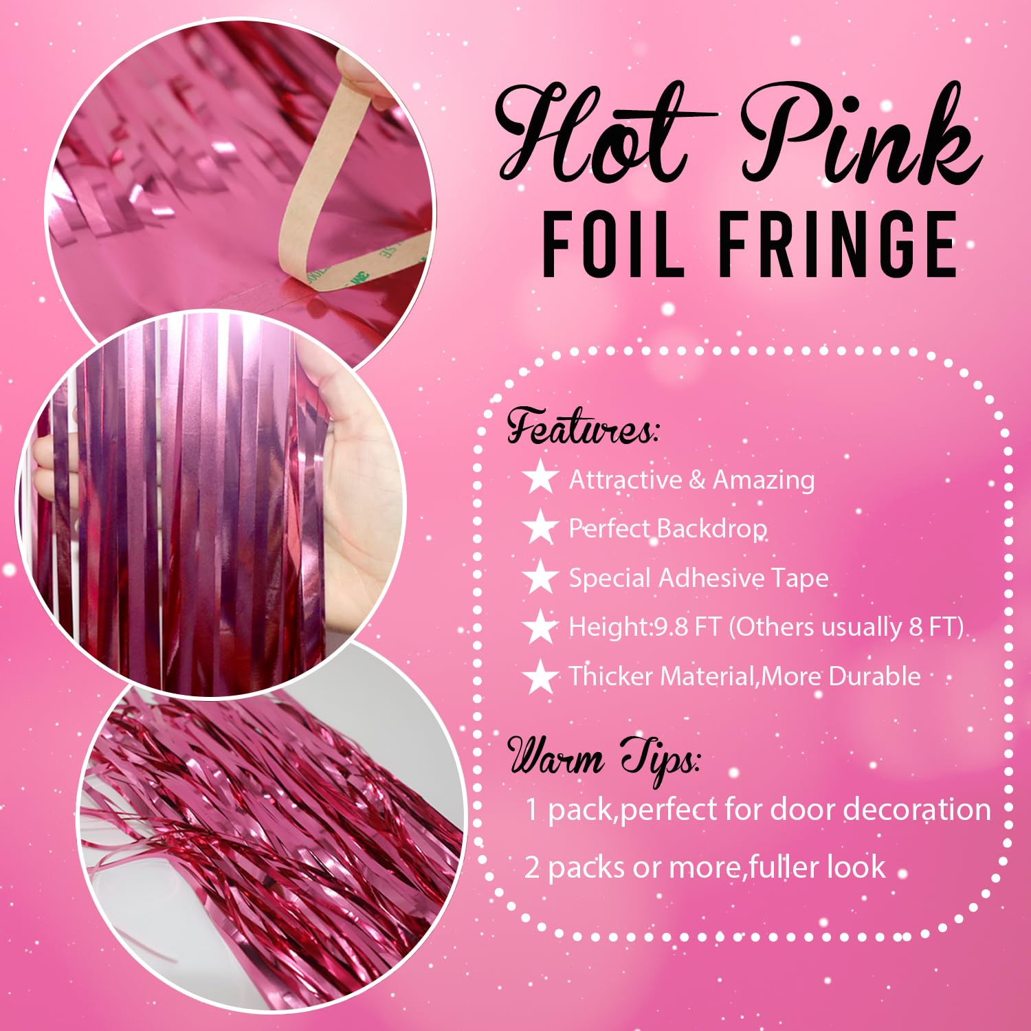 GOER 3.2 ft x 9.8 ft Metallic Tinsel Foil Fringe Curtains Party Photo Backdrop Party Streamers for Galentines Day,Birthday,Graduation,New Year Eve Decorations Wedding Decor (5 Packs,Hot Pink)
