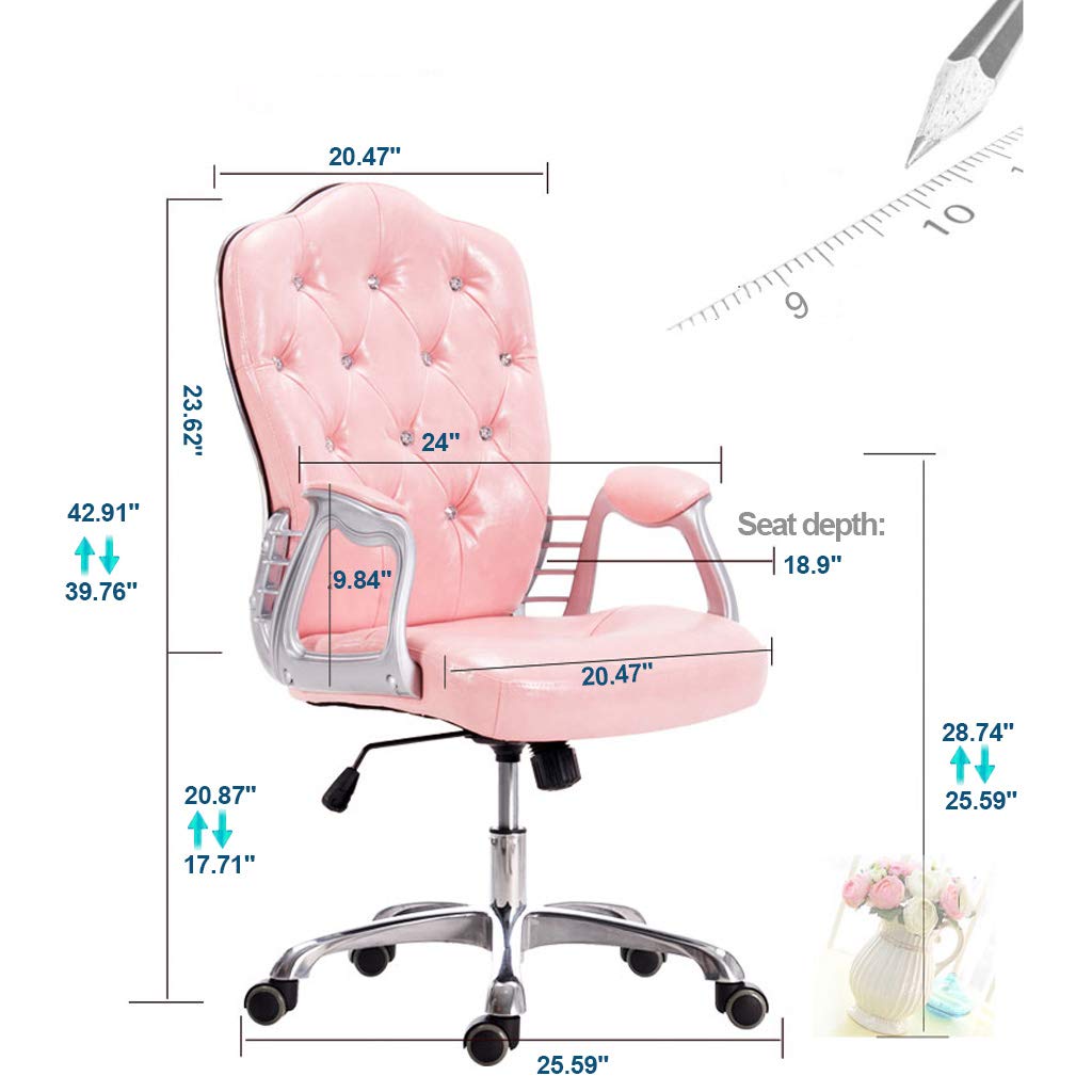 Fubas- Ergonomic Armchair with Casters, Home Office Desk Chair, PU Leather Upholstery-White Crystal Pull Buckle Inlaid Backrest