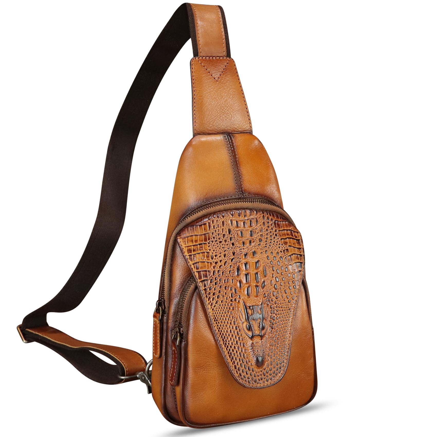 FEIGITOR Genuine Leather Sling Bag Embossed Crocodile Pattern Leather Crossbody Sling Backpack Handmade Chest Purse Daypack (Brown)