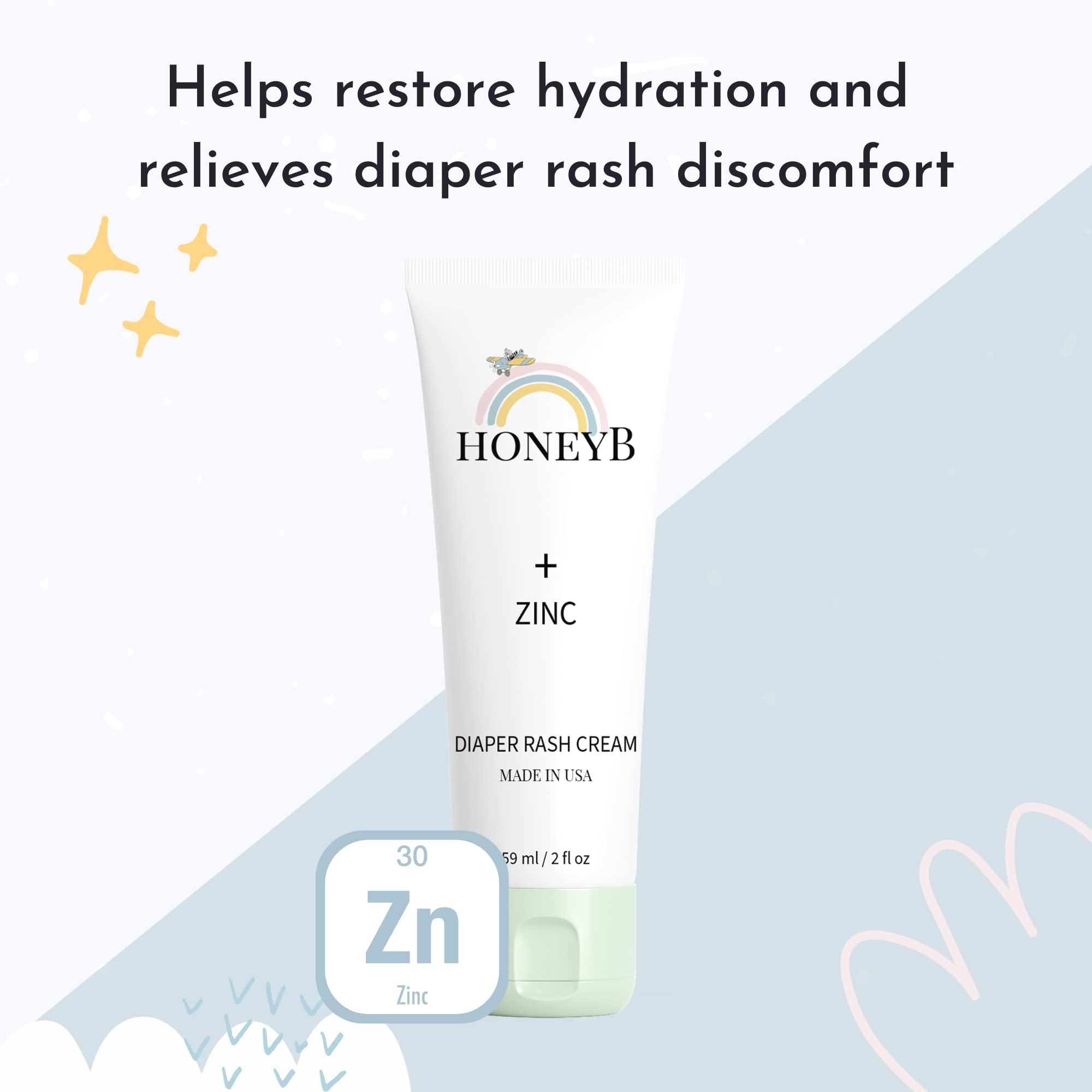 HONEYB Diaper Rash Cream with Zinc and a Powerful Blend of Natural Ingredients – Non-Toxic Formula, 2 fl oz