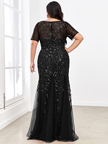 Ever-Pretty Women's Embroidered Prom Dress Long Formal Plus Size Dresses for Wedding Guest Black US22