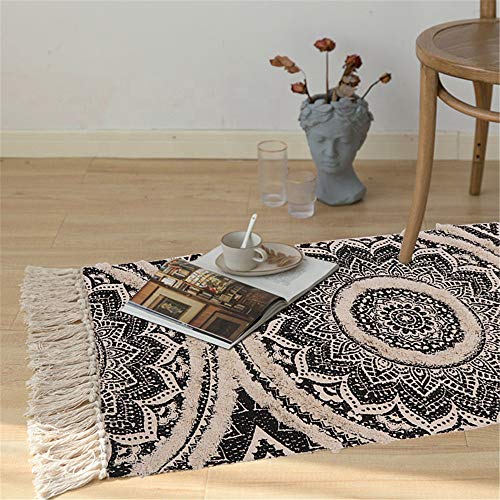 Seavish Tufted Cotton Rug, 2X3 Black Mandala Boho Rug, Hand Woven Bohemian Throw Rugs, Shag Accent Fringe Tassel Rug for Bedroom Bedside Kitchen, Laundry Room Rug