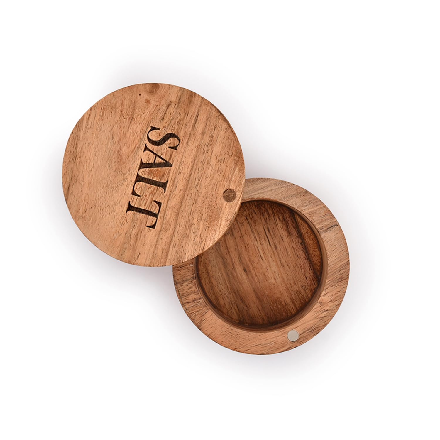 EDHAS Acacia Wood Round Condiment Pot with Magnetic Swivel Lids for Kitchen Countertop "Salt" Engraved on Lid (3.5β x 3.5β x 2.5β)