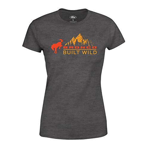 Ford Bronco Ladies Shirt, Built Wild, Short Sleeve Crew Neck, Medium, Charcoal Heather
