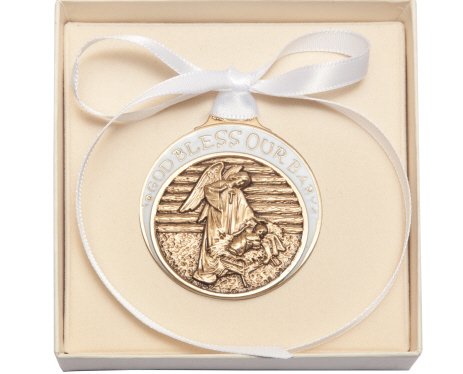 Gold Oxide Baby in Manger Crib Medal with White Ribbon - Boxed