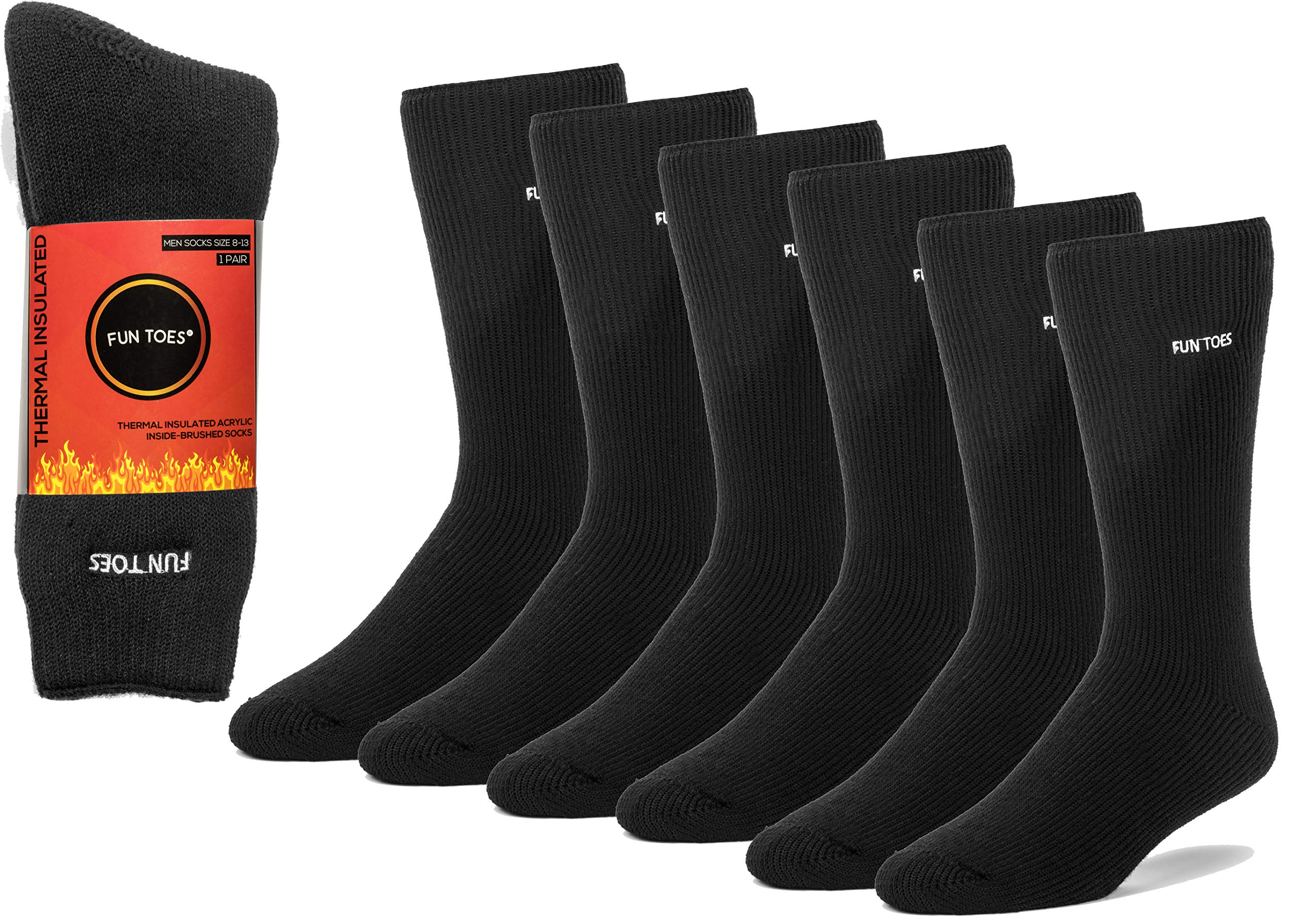 FUN TOES Men 3 pairs thermal insulated heavy duty winter acrylic brushed socks size 8-13 (Black)