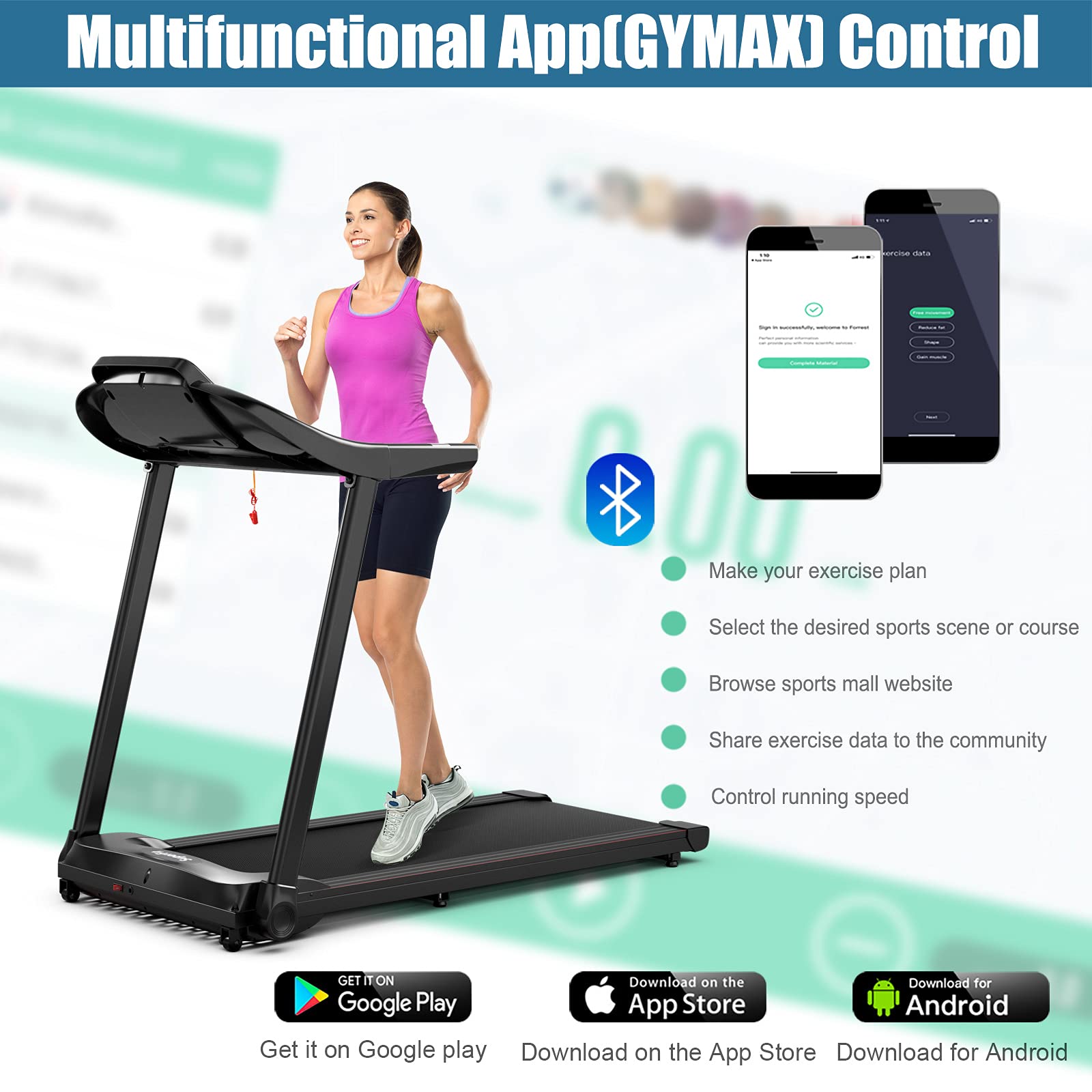 Goplus 2.25HP Electric Folding Treadmill, Portable Superfit Treadmill W/APP Control, LED Display, Blue Tooth Speaker, 12 Preset Programs, Compact Running Jogging Machine for Home Apartment