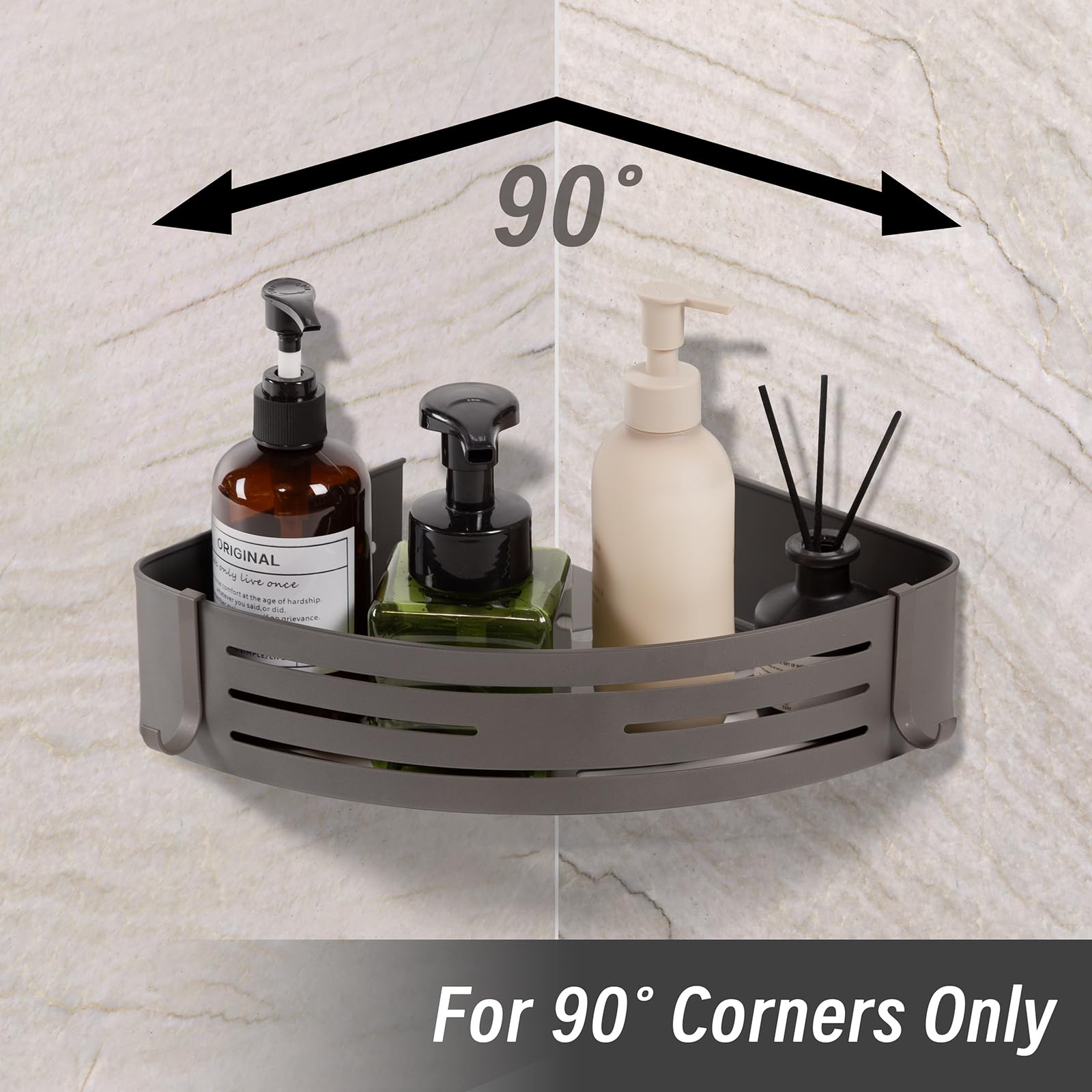 Myckulisu Bathroom Corner Shower Caddy,2 Pack Corner Organizer Shelves,No Drilling Aluminum Shower Storage Rack with 4 Hooks for Bathroom,Toilet,and Kitchen,Dark Grey
