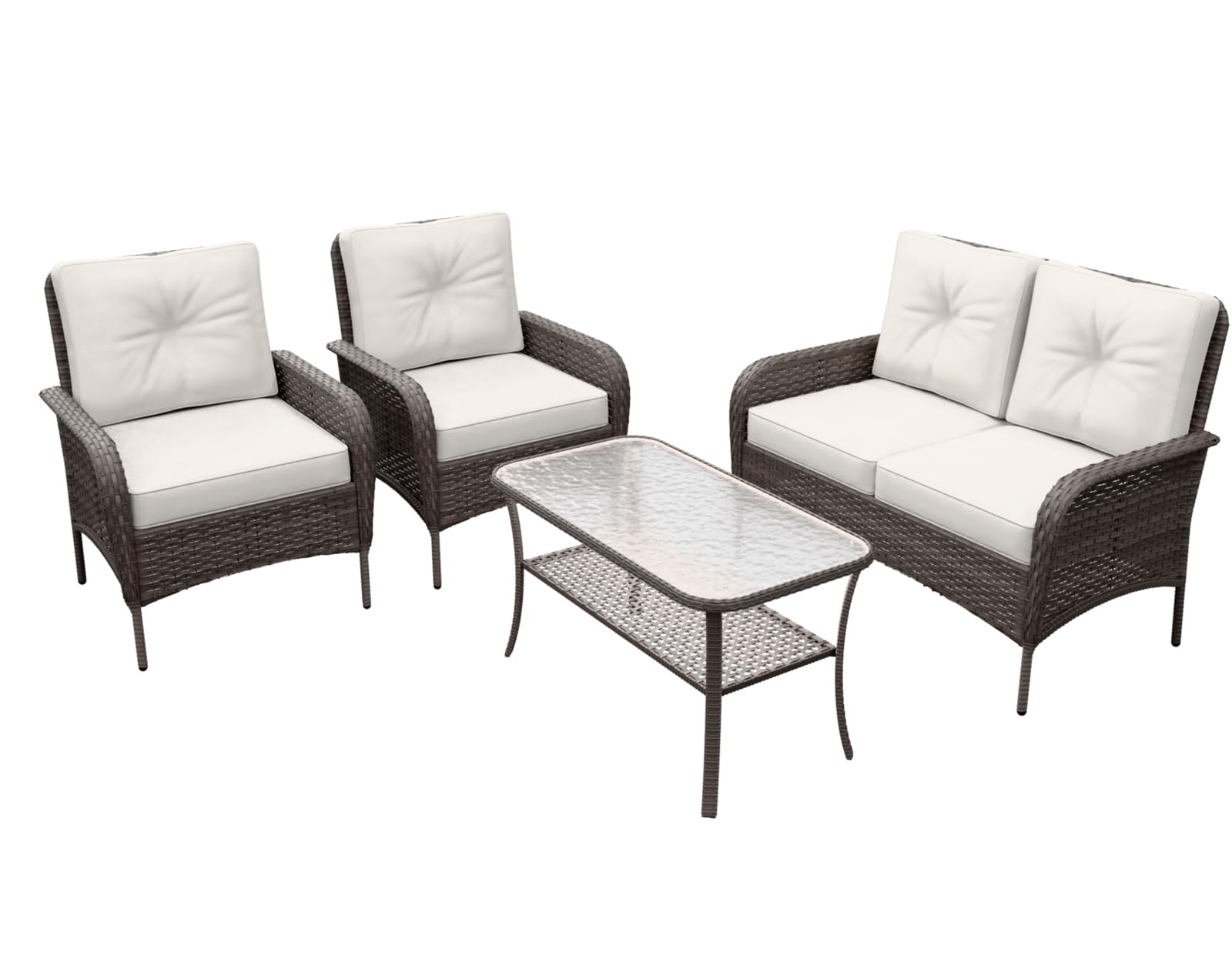 INTER HUT 4-Piece Outdoor Furniture Set - PE Rattan Wicker Loveseat, 2 Chairs, and Steel Table Conversation Set for Patio, Backyard, Poolside and Lawn