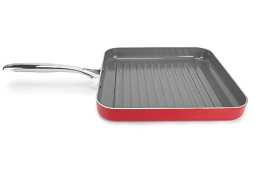 EaZy MealZ Square Non-Stick Grill Pan for Stove, Light weight, Perfect Grill Marks, Oven Safe up to 500 Degrees, Extra Large, 12" Red