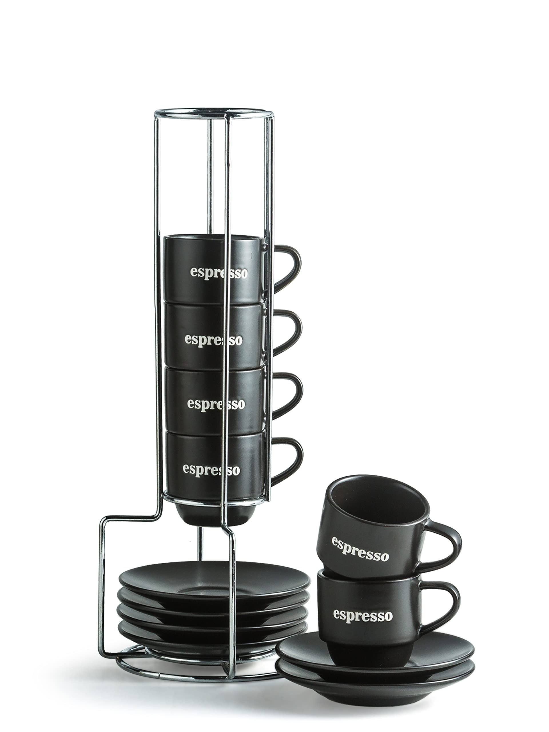 Espresso Cups with Saucers Set, Porcelain Coffee Cups Set with Metal Stand 4 OZ Stackable Demitasse Cups for Latte, Cafe, Mocha and Cappuccino, Tea Cup Set of 6, Thanksgiving Gifts, Black