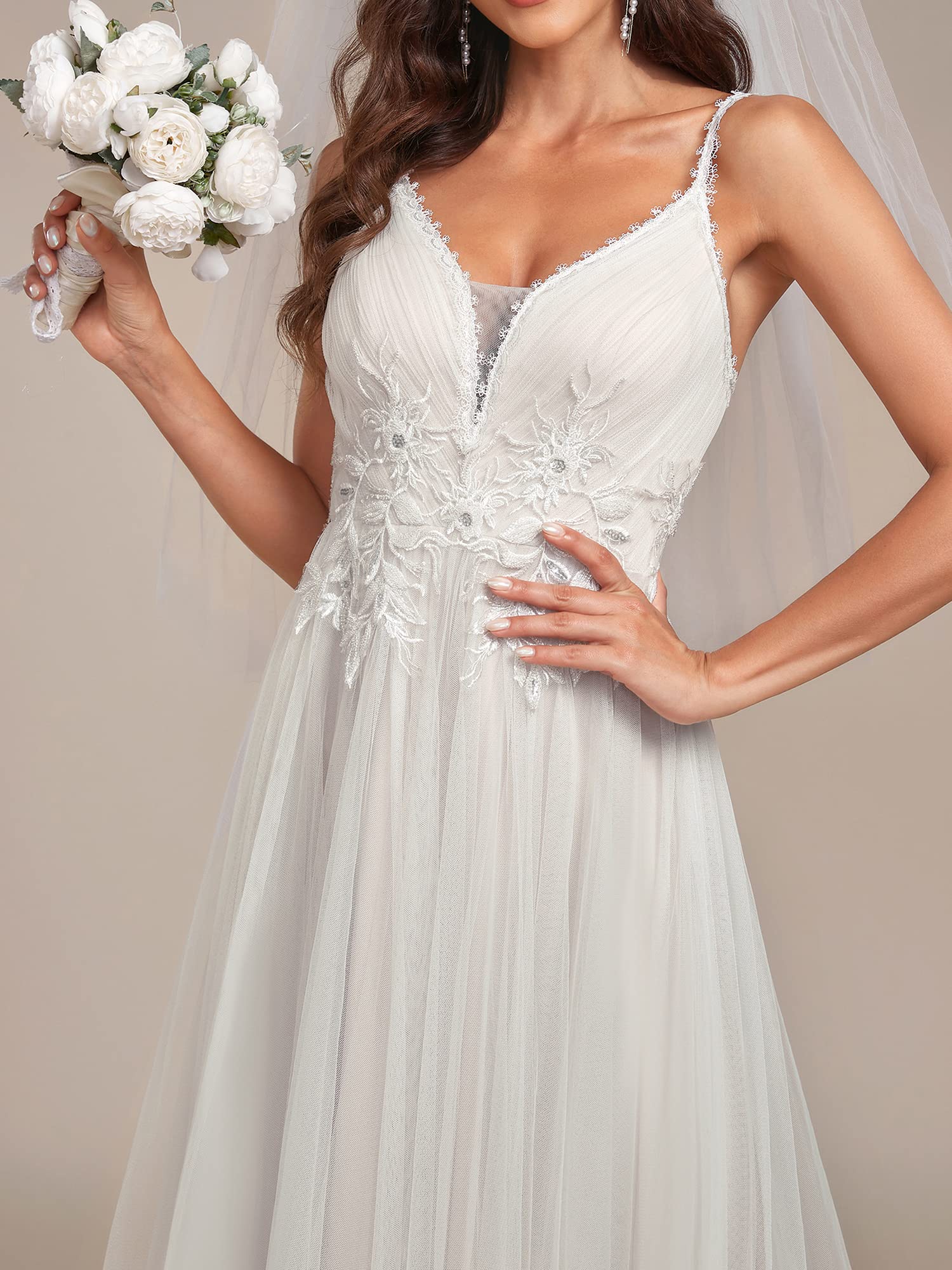 Ever-Pretty Women's Ruched Tulle Embroidered Lace Long Summer Evening Party Dresses for Wedding White US16