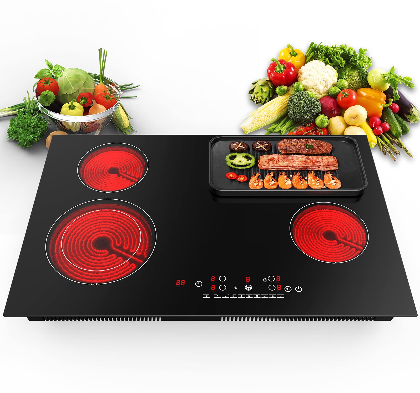 Electric Cooktop 30 Inch, Built-in Radiant Electric Stove 4 Burners, 6800W Ceramic Cooktop, 9 Heating Level Overheat Protection with Touch Screen, Timer & Safety Lock
