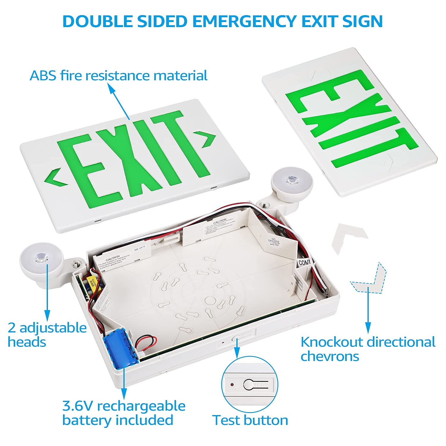 TORCHSTAR Green LED Exit Sign with Emergency Lights, UL 924, Emergency Exit Light with Battery Backup, Adjustable Heads, Fire Exit Sign with Lights, Double Face, AC 120/277V, Damp Location, Pack of 2