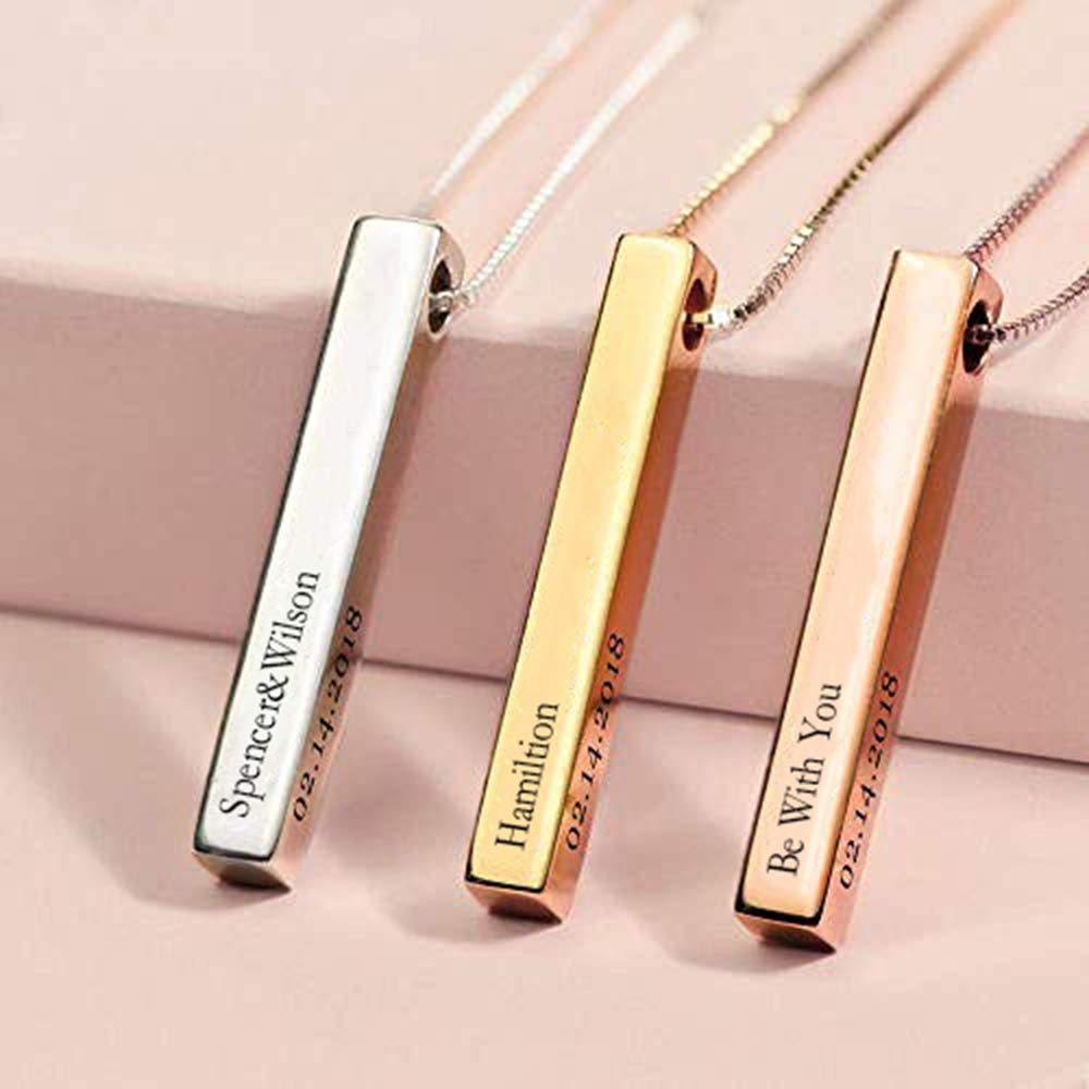 Funcok Personalized Jewelry Name Pendant Necklace 3D Bar Silver Stainless Steel Custom Made Gifts