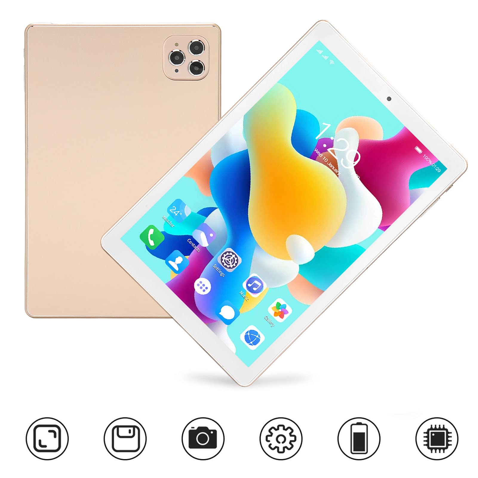 fannay Tablet PC, 10.1 Inch 2 in 1 Tablet High Sensitive Stylus 8 Core US Plug 100‑240V with Keyboard and Mouse for Study (Gold)