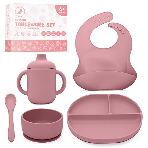 Silicone Baby Feeding Set - Food-Grade Baby Led Weaning Supplies For Toddlers - Includes Non-BPA Suction Plate with Divider, Suction Bowl, Pocket Bib, Spoon & Sippy Cup For Weaning - Pink