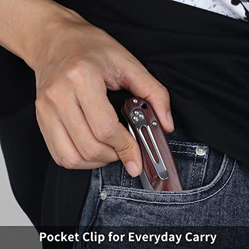 Pocket Knife Folding Knife, Rosewood Handle, Belt Clip, Liner Lock, Hunting Knife, Camping Knife, Gifts for Men
