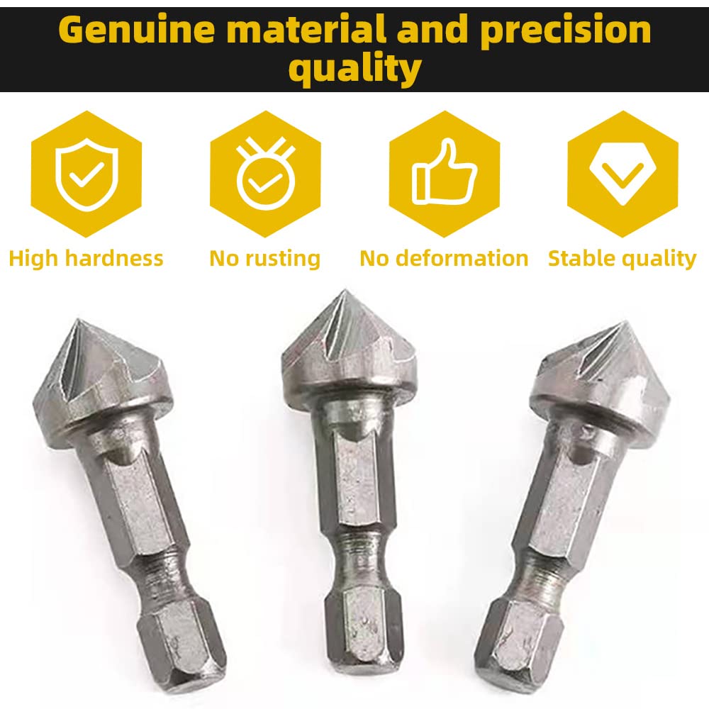 TorSor 3 Pack Countersink Drill Bit Chamfer Bits 6 Flute for 6.35mm 1/4'' Hex Shank Burr Removal Holes Shaping Trimming Opener Tool Polish Knife Cutter Woodworking 90° Degree Center Punch Sets Wood