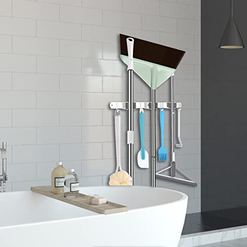 Hanjaytop Mop and Broom Organizer Wall Mounted, Stainless Steel Heavy Duty Garden and Kitchen Garage Tool Organizer Wall Holder for Home Goods (3 Racks 4 Hooks)
