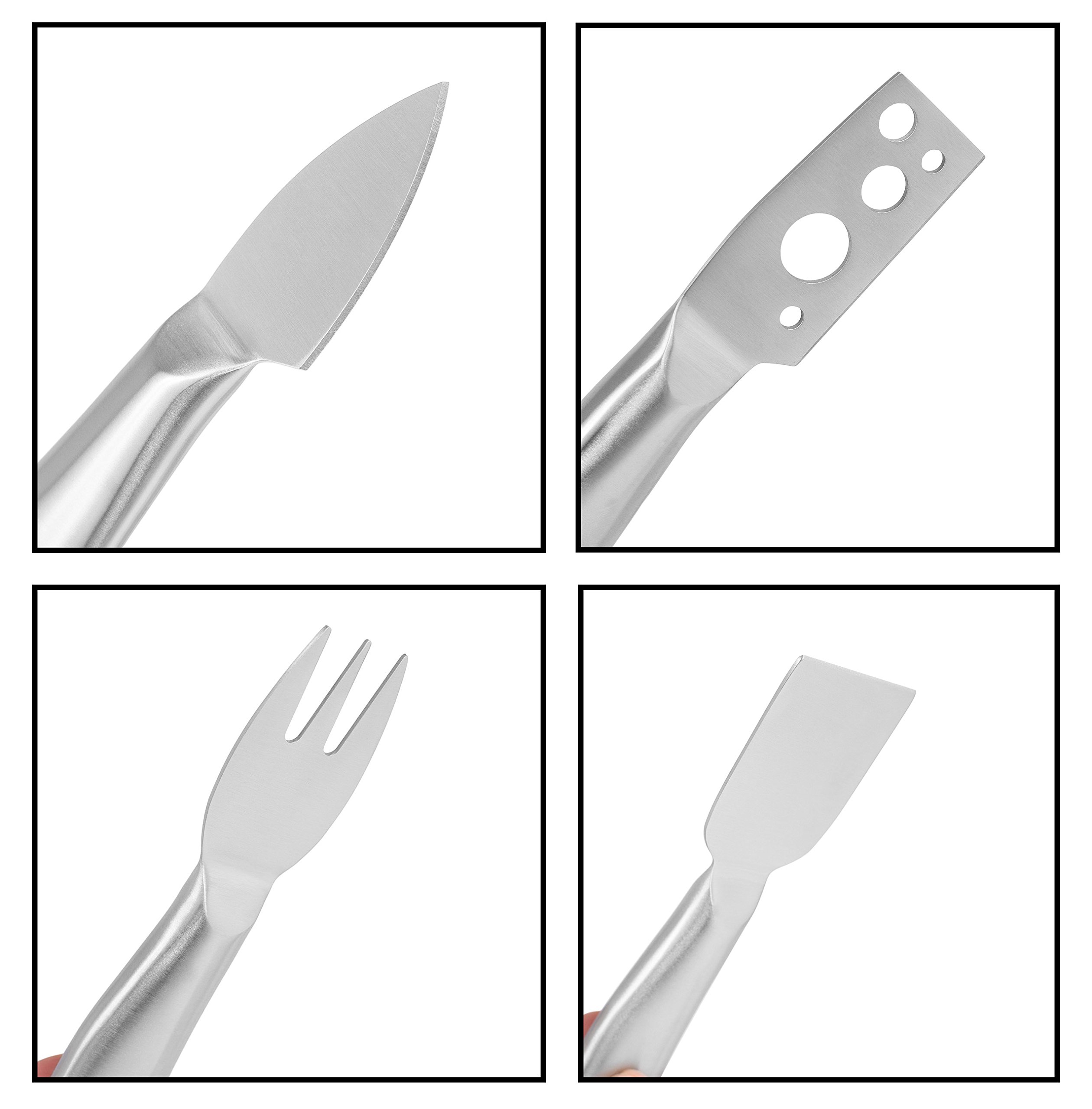 Internet's Best 4 Piece Stainless Steel Cheese Set - Slicer Cutter Knife Fork for Hard Soft Crumble Cheeses - Shaver Spreader Tools