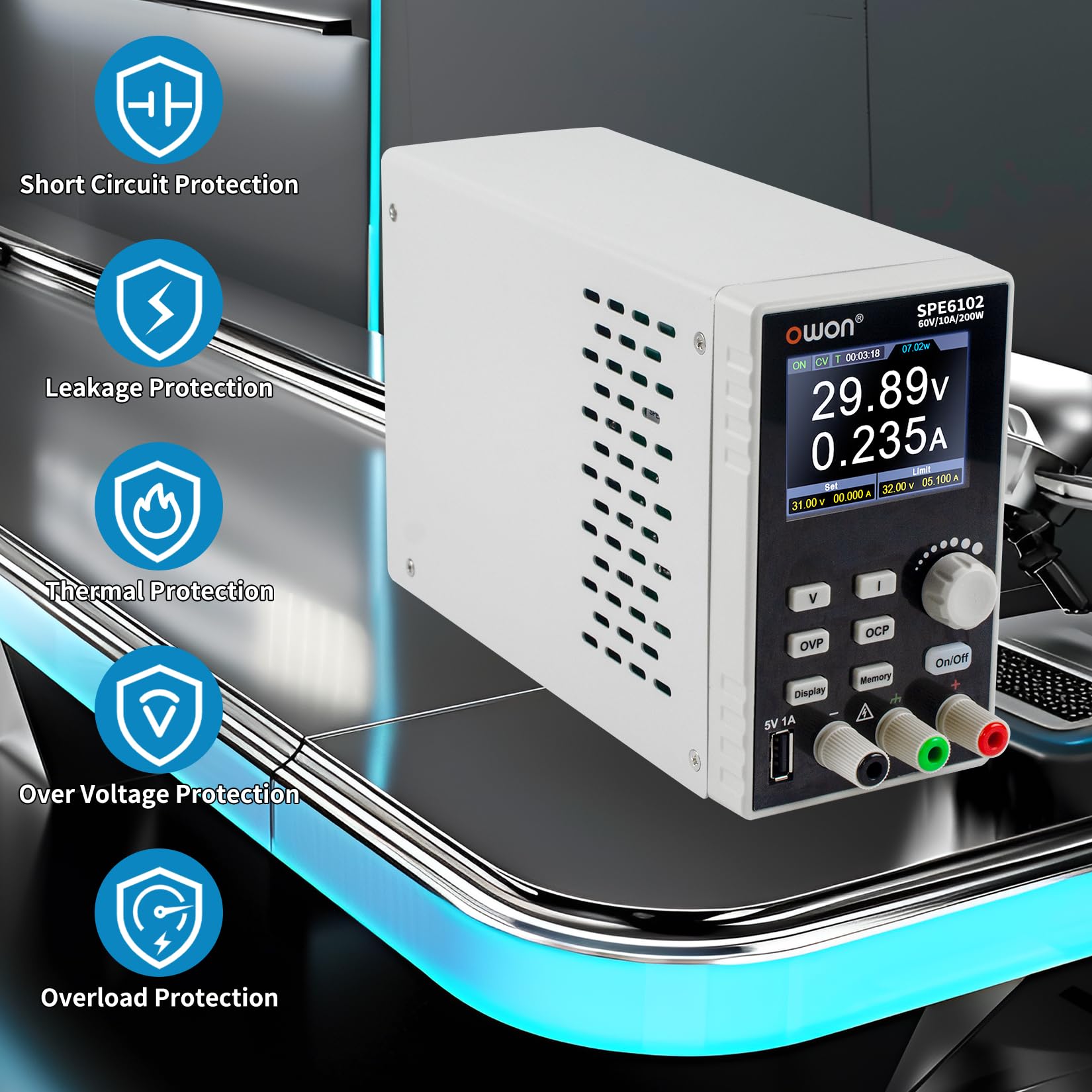 OWON Lab Power Supply (0-60V 0-10 A), Programmable 200w Bench DC Power Supply with 2.8 inch LCD Display and Output Enable/Disable Button,Single Channel Output with PC Software and USB Charging SPE6102